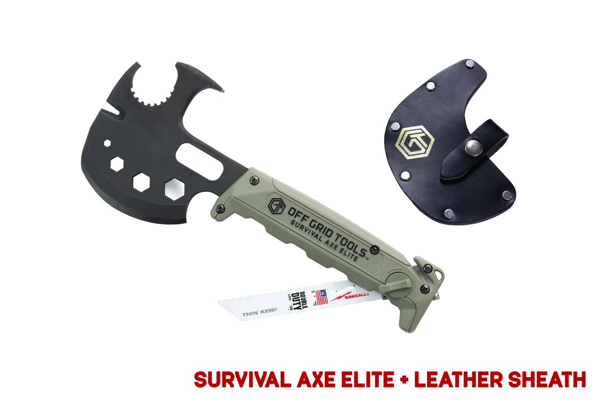 Green/Black Survival Axe Elite + Leather Sheath – Off Grid Tools